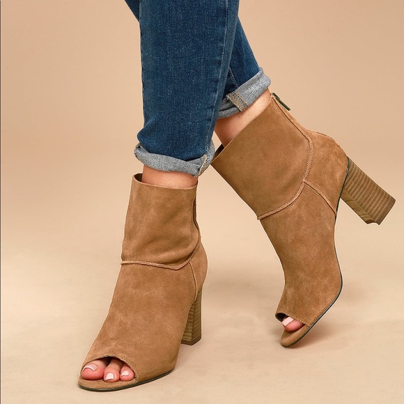 Anthropologie | Shoes | Nib Tan Leatherette Peep Toe Tall Ankle Booties ...
